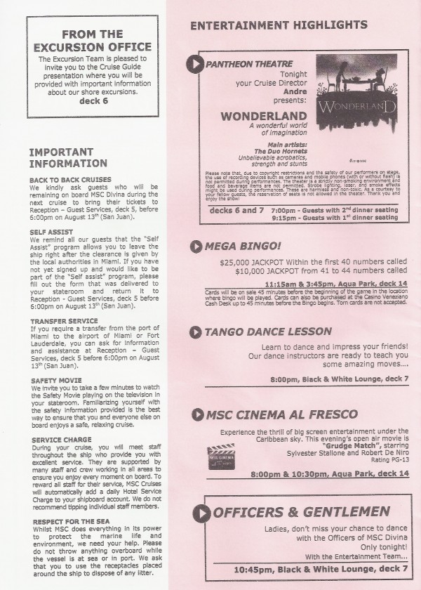 MSC Divina Daily Itinerary – cruise with gambee