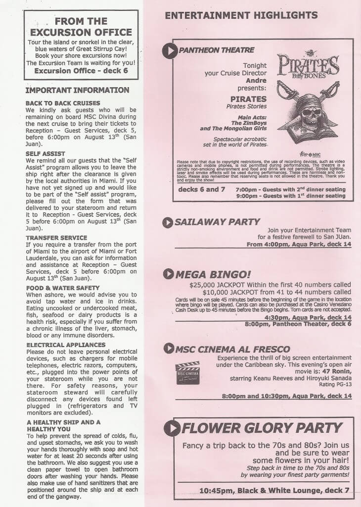 MSC Divina Daily Itinerary – cruise with gambee