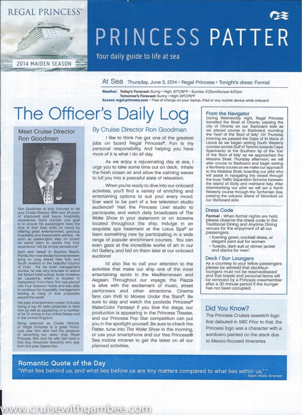 Regal Princess Patter Daily – cruise with gambee