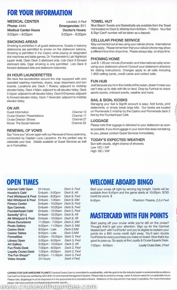 Carnival Miracle Fun Times Daily Itinerary – cruise with gambee Carnival Miracle Fun Times Daily Itinerary – cruise with gambee