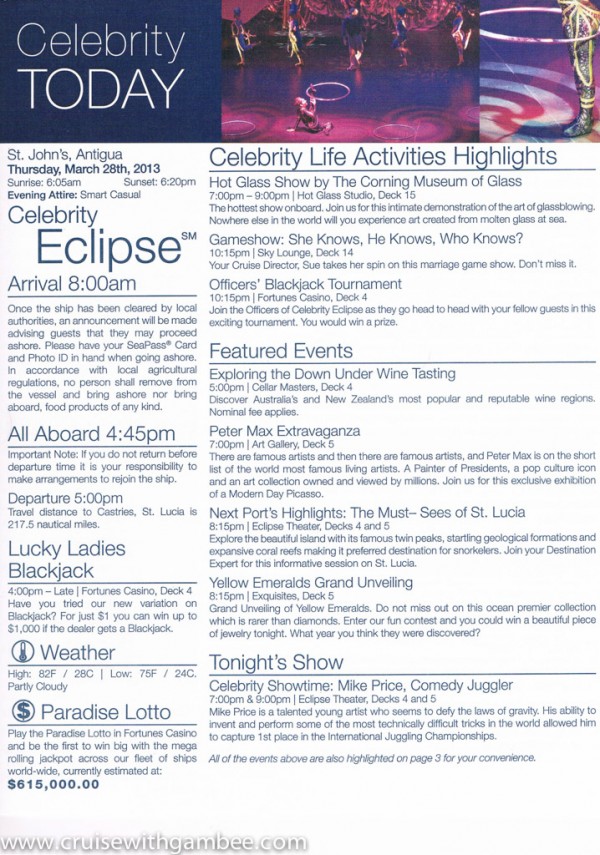 Celebrity Eclipse Today Daily Program – cruise with gambee