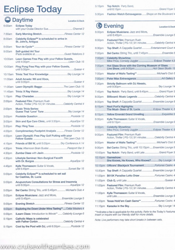 Celebrity Eclipse Today Daily Program – cruise with gambee