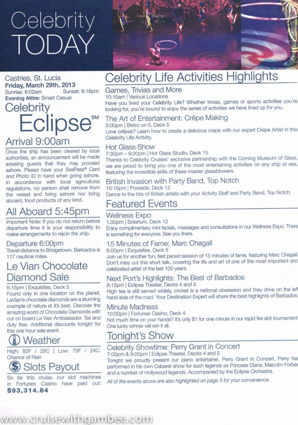 Celebrity Eclipse Today Daily Program – cruise with gambee