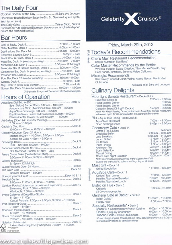 Celebrity Eclipse Today Daily Program – cruise with gambee