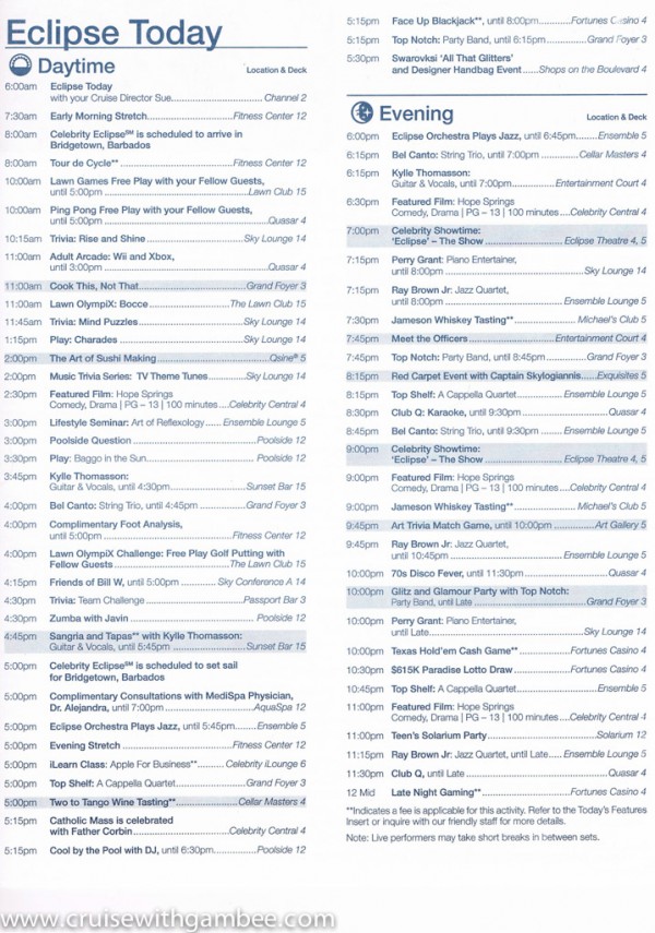 Celebrity Eclipse Today Daily Program – cruise with gambee