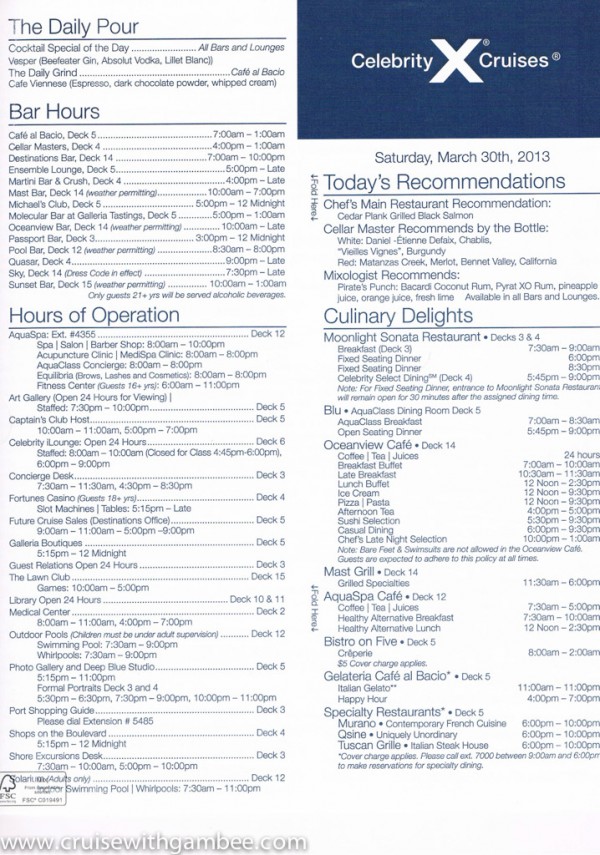 Celebrity Eclipse Today Daily Program – cruise with gambee