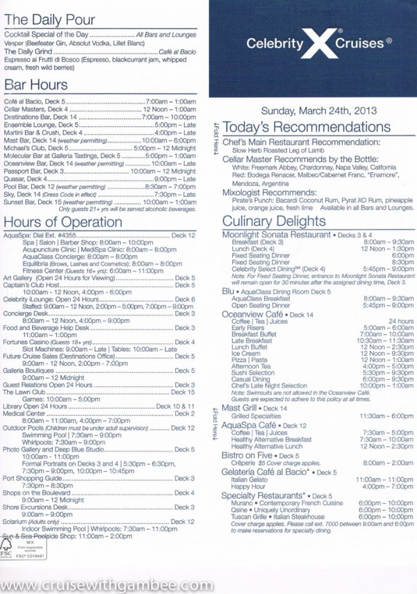 Celebrity Eclipse Today Daily Program – cruise with gambee