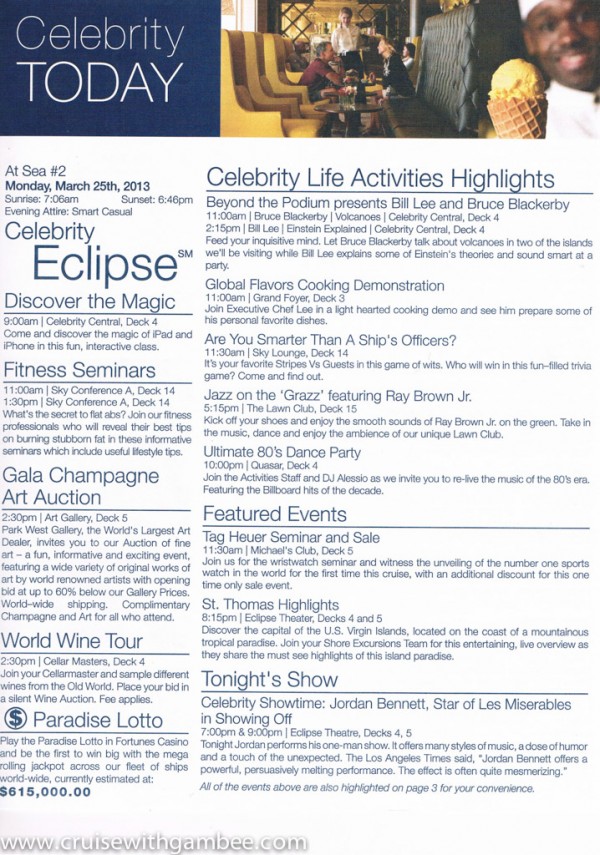 Celebrity Eclipse Today Daily Program – cruise with gambee