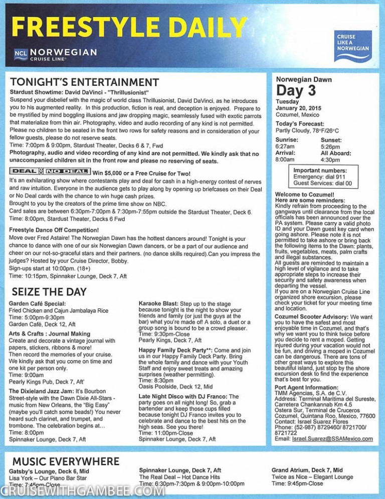 Norwegian Dawn Freestyle Daily – cruise with gambee