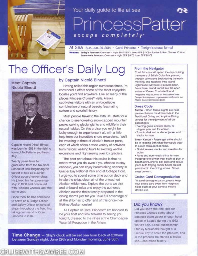 Coral Princess Patter Daily Activities – cruise with gambee