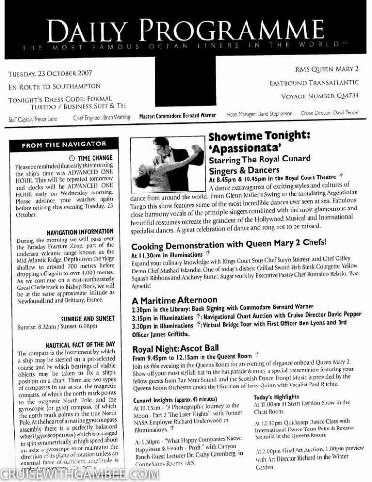 Curnard Queen Mary 2 Daily Programme Activities – cruise with gambee