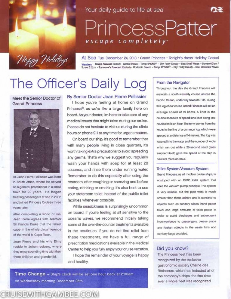 Grand Princess Patter Daily Activities – cruise with gambee