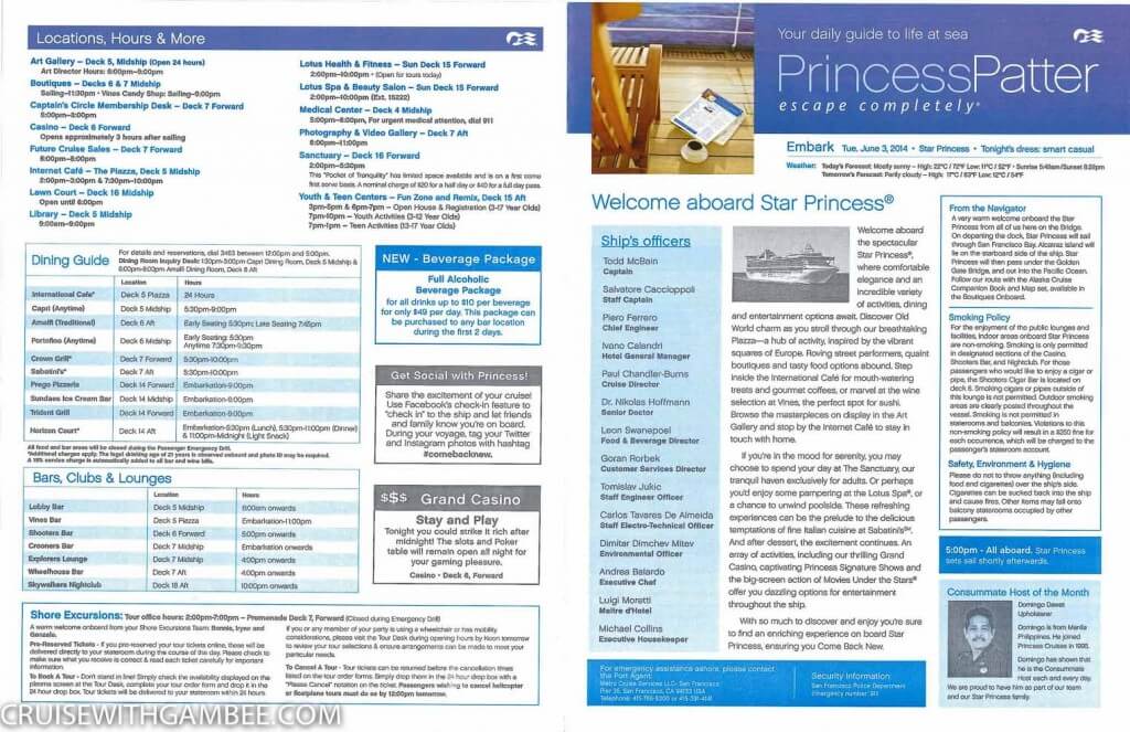 Star Princess Patter Daily Activities – cruise with gambee