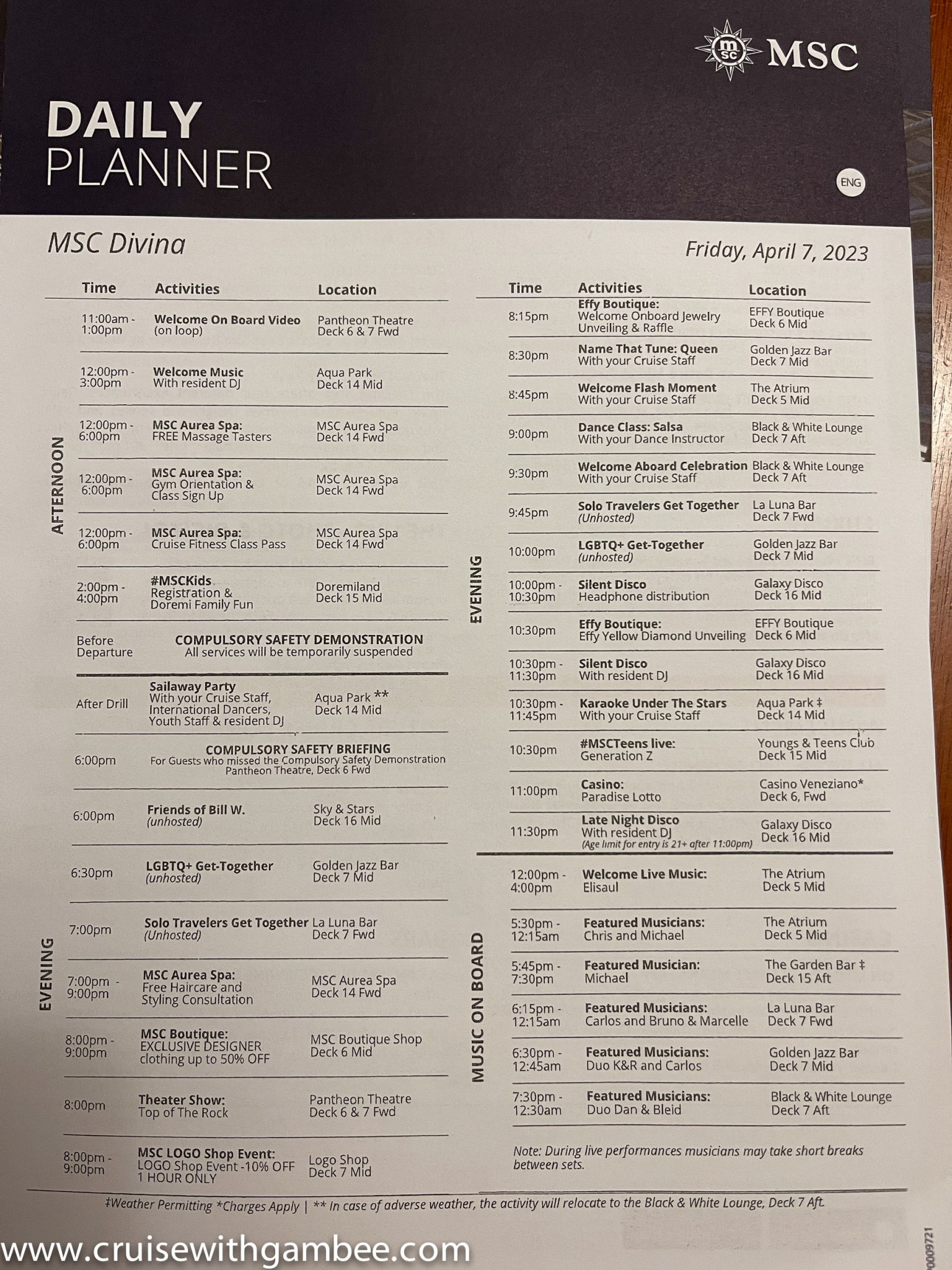 MSC Divina Daily Program – cruise with gambee